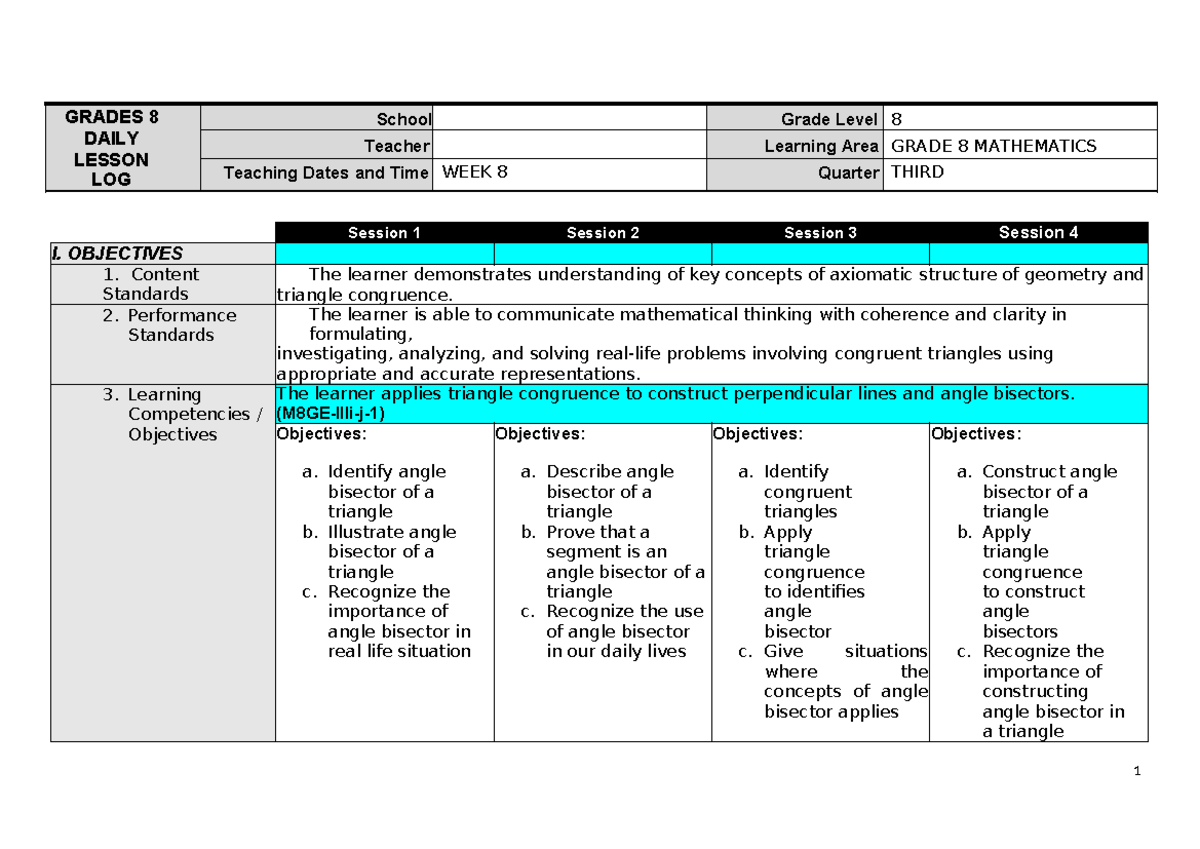 Week 8 Math 8 Lesson Log: Triangle Congruence & Angle Bisectors - Studocu