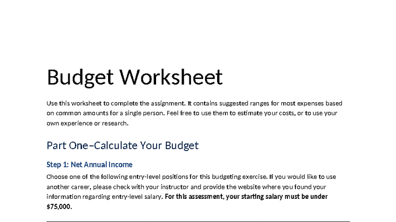 Budget Worksheet for Career Salary Estimation and Expense Planning ...