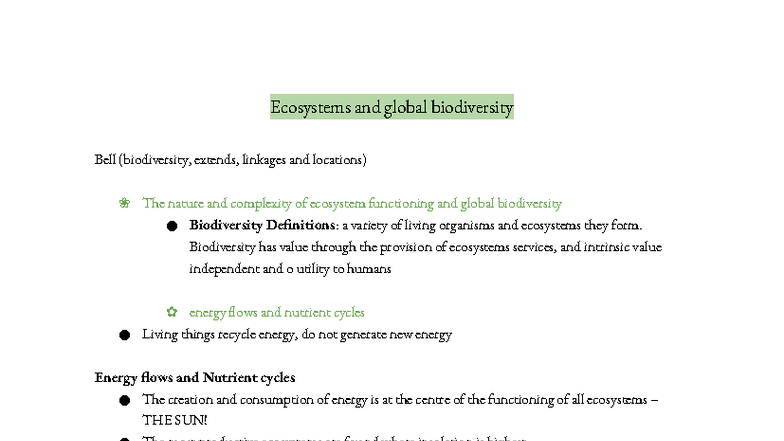 Ecosystems and Global Biodiversity: Understanding Dynamics and Value ...