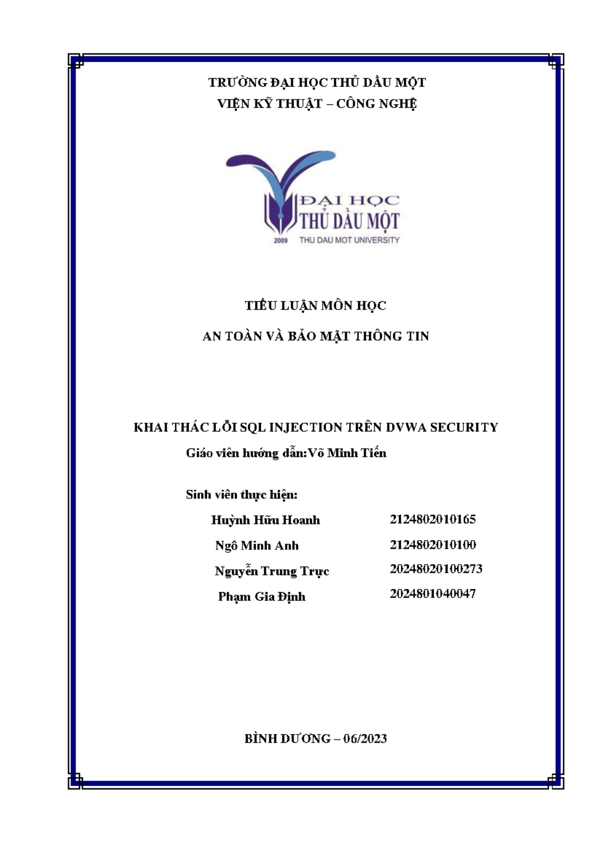 Tiểu luận môn AN TOÀN VÀ BẢO MẬT THÔNG TIN - SQL Injection trên DVWA ...