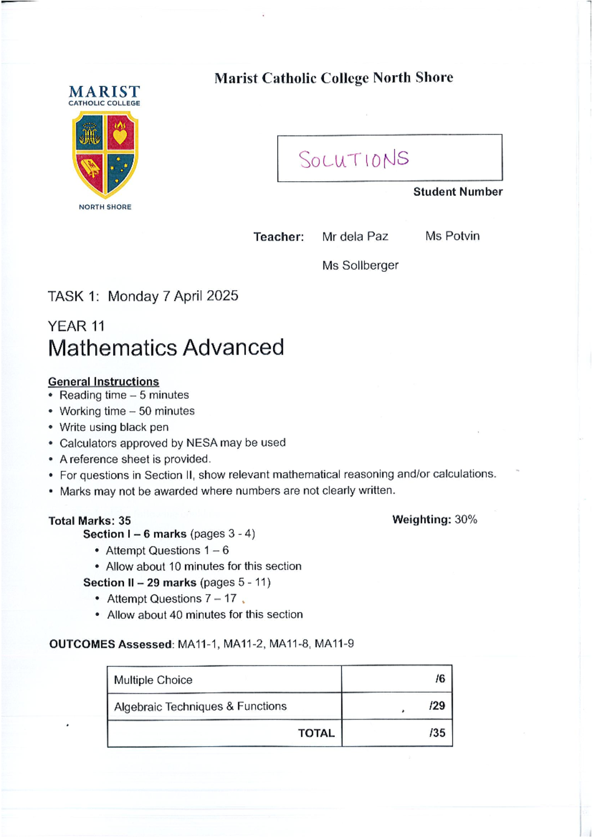Y11 Mathematics Advanced Task 1 Solutions & Feedback - Studocu
