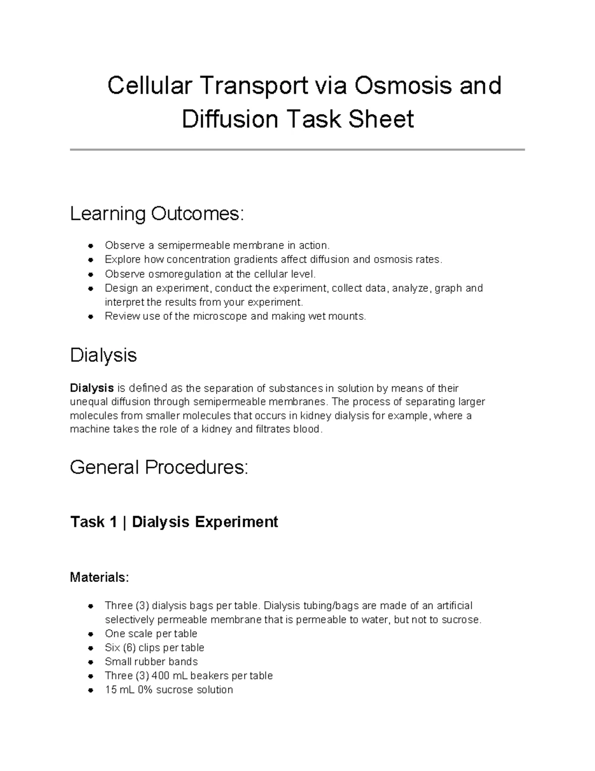 Osmosis & Diffusion Lab Report (Bio 101) - Task Sheet - Studocu