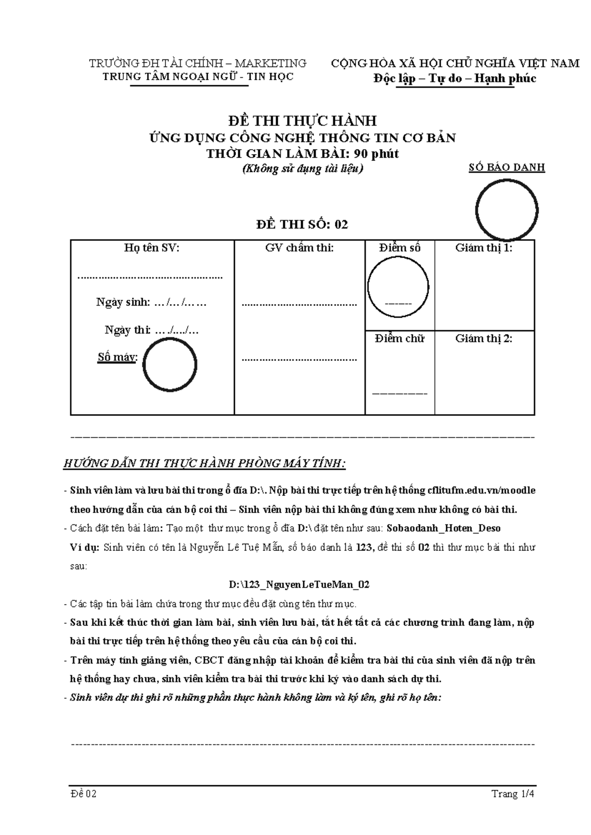 Đề Thi Thực Hành Ứng Dụng CNTT Cơ Bản - Đề 02 - Studocu