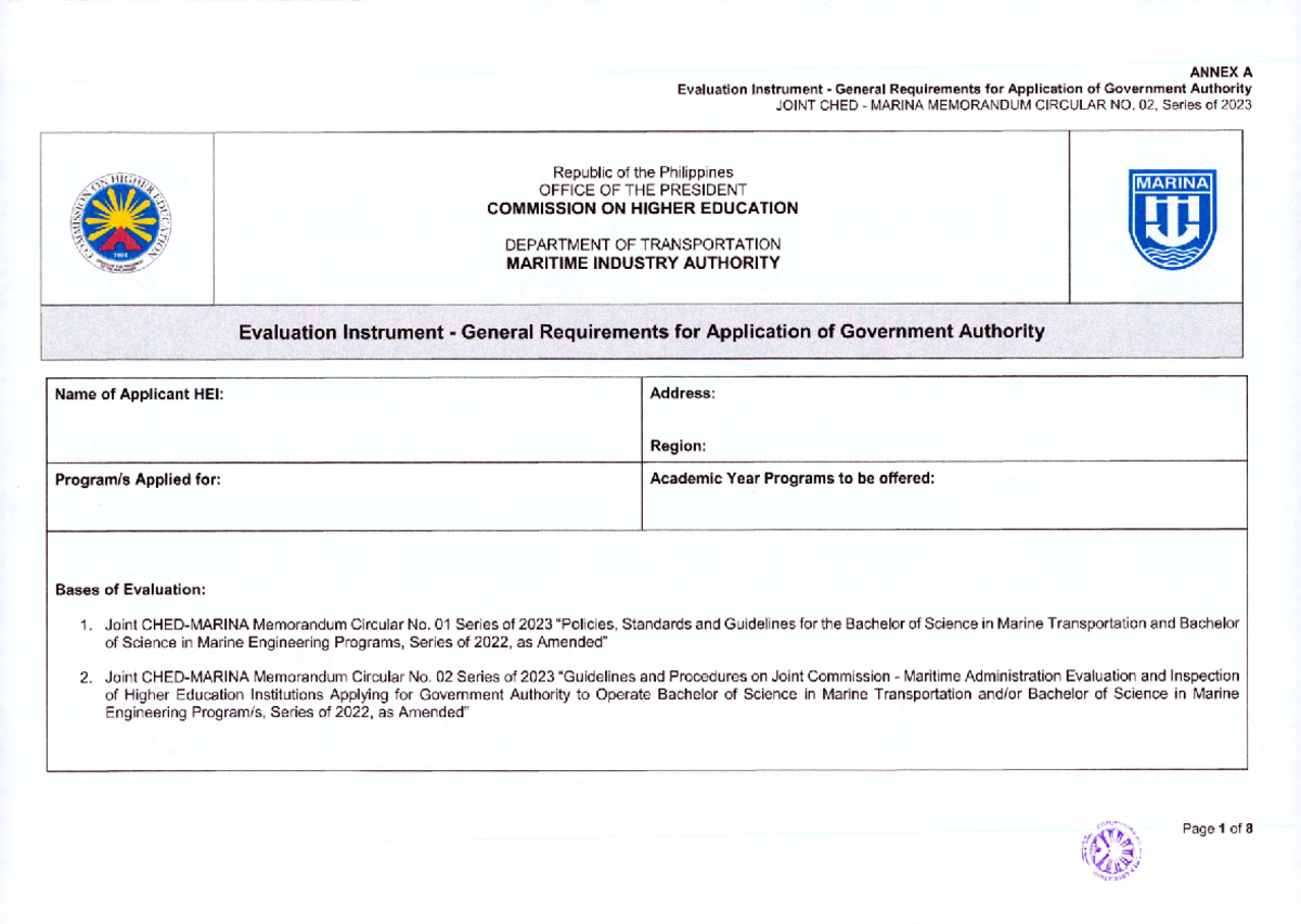 Evaluation Instrument for Government Authority Application: JOINT CHED ...