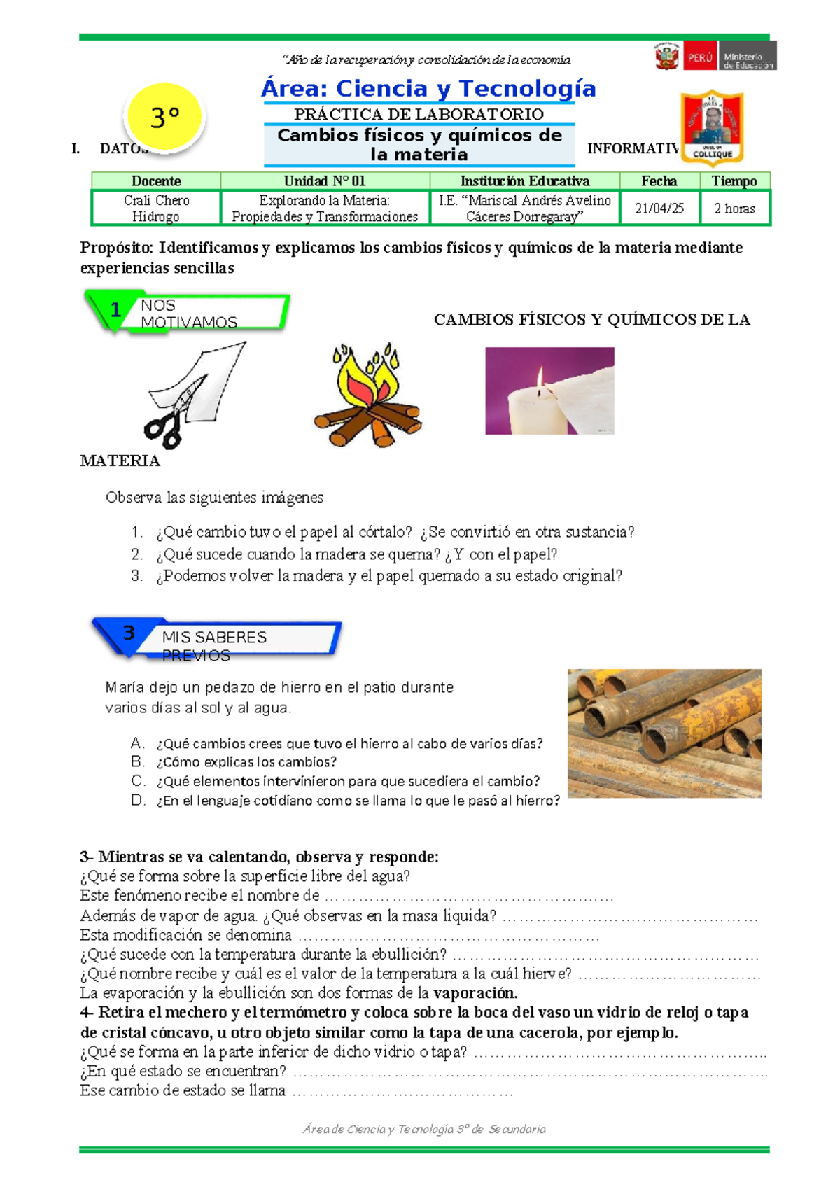 3º Ficha N°07: Cambios Físicos y Químicos de la Materia - Studocu