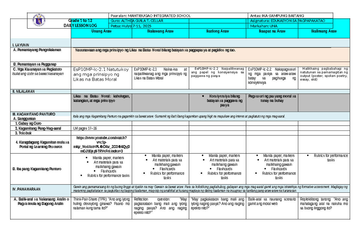 DAILY LESSON LOG (DLL) for EDUKASYON SA PAGPAPAKATAO - Q1 W3 - Studocu