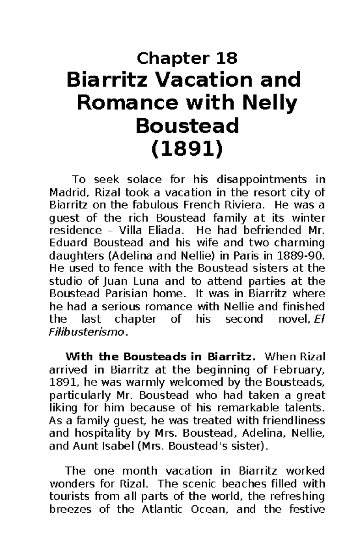 Chapter 18: Rizal's Biarritz Romance with Nelly Boustead (1891) - Studocu
