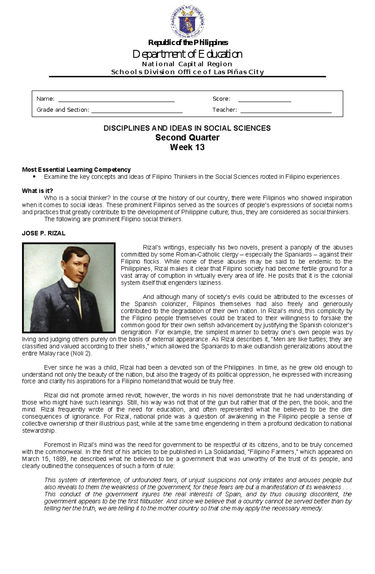 Grade 11 DISS Module No: Filipino Social Thinkers and Their Ideas - Studocu