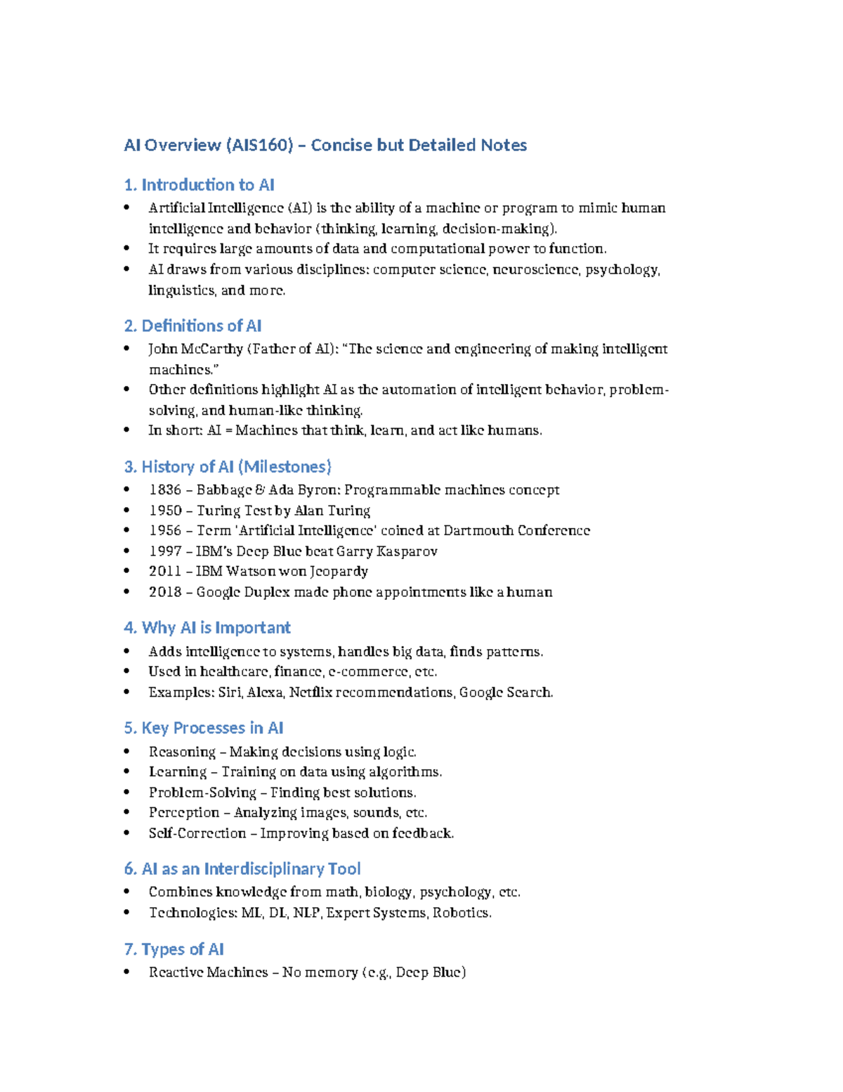 AI Overview: Concise Notes on Artificial Intelligence (AIS160) - Studocu