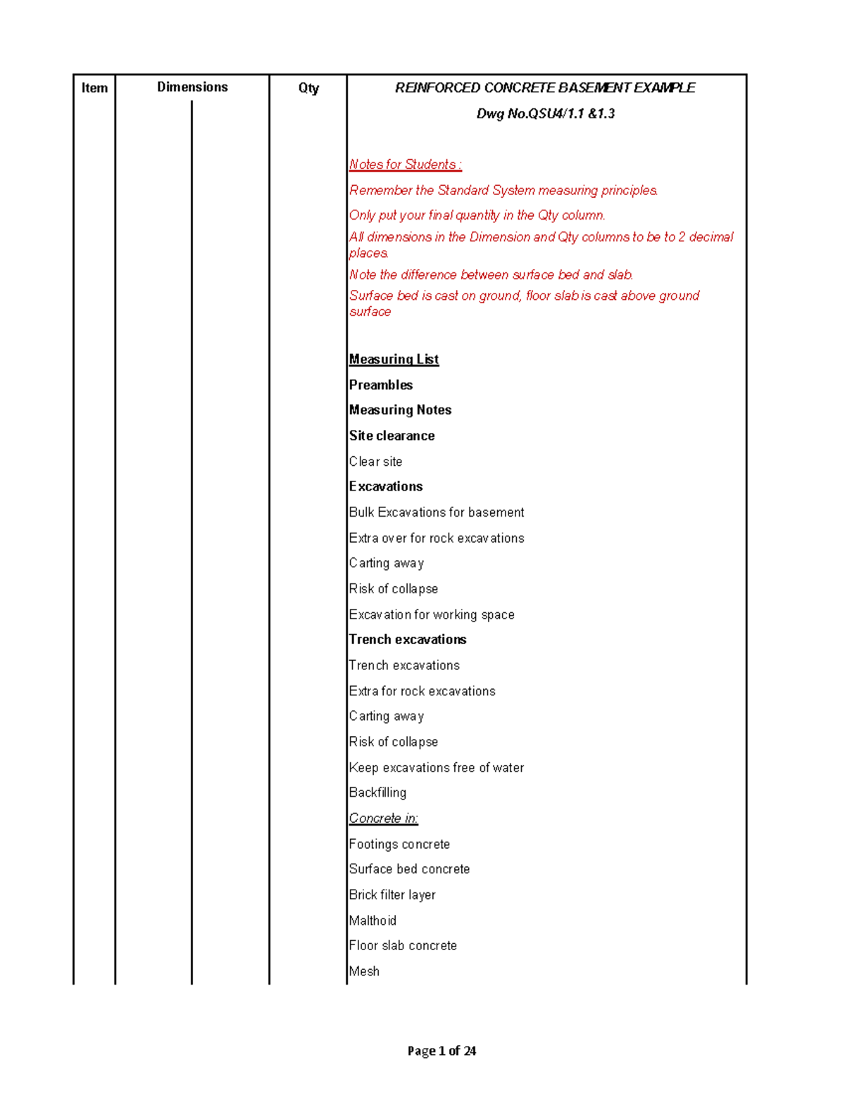 3 RC Basement Class Example 1 Memo Rev 2: Dwg Notes for Students - Studocu