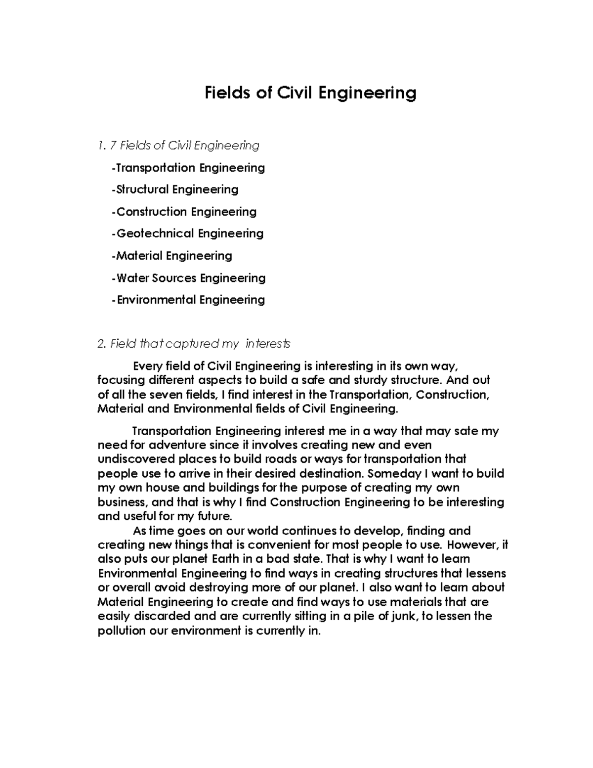 Fields of Civil Engineering and Personal Interests Exploration - Studocu