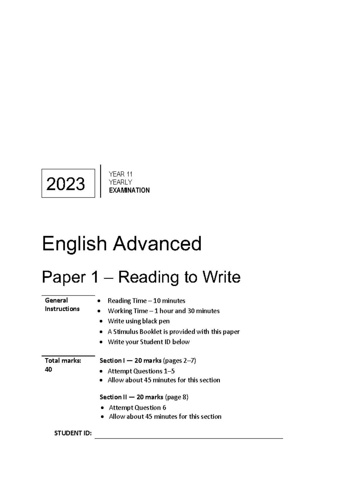 2023 English Advanced Year 11 Yearly Exam Paper 1: Reading to Write ...