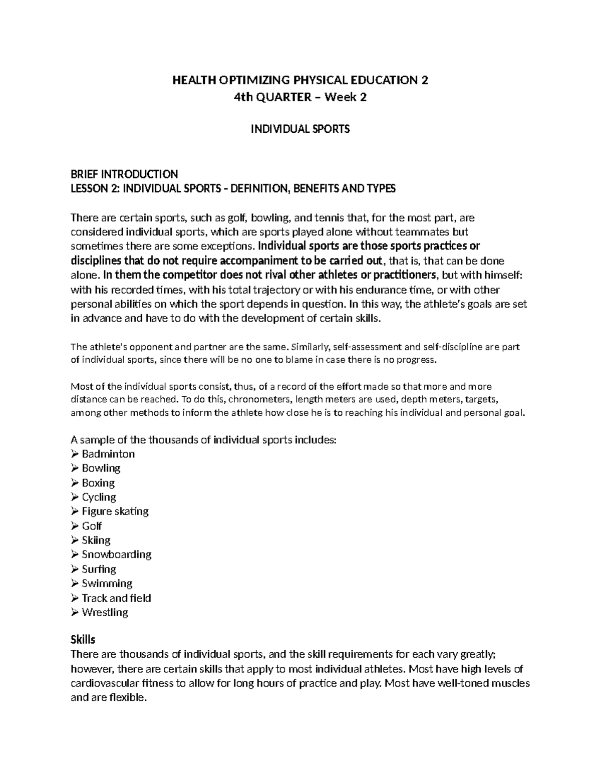 HEALTH OPTIMIZING PHYSICAL EDUCATION 2 4th QUARTER Week 2: Intro to ...