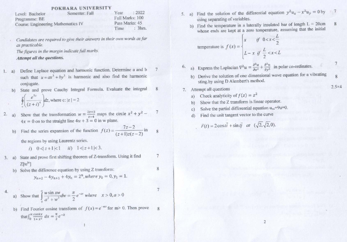 MTH-IV-22 Fall - Engineering Mathematics IV Exam Questions - Studocu