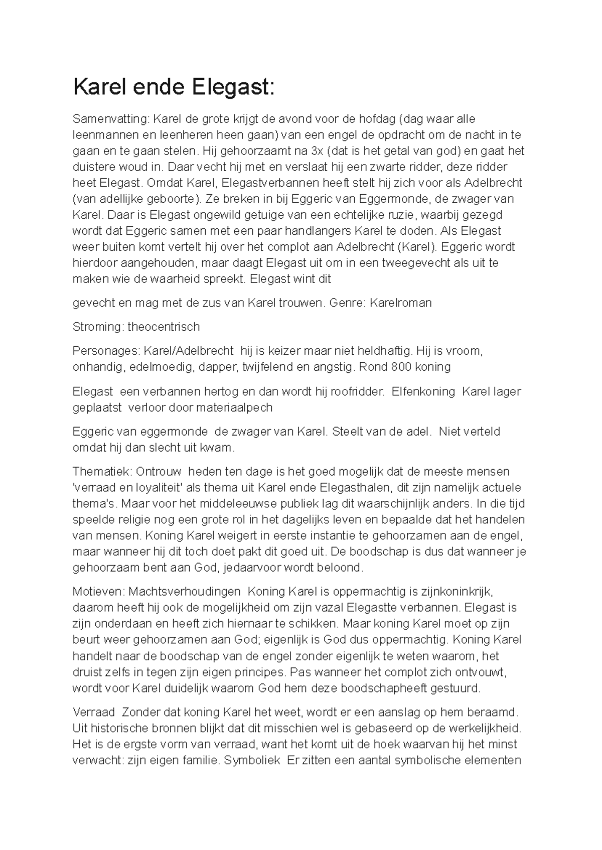 Karel ende Elegast - Boekverslag en Thematische Analyse - Studeersnel