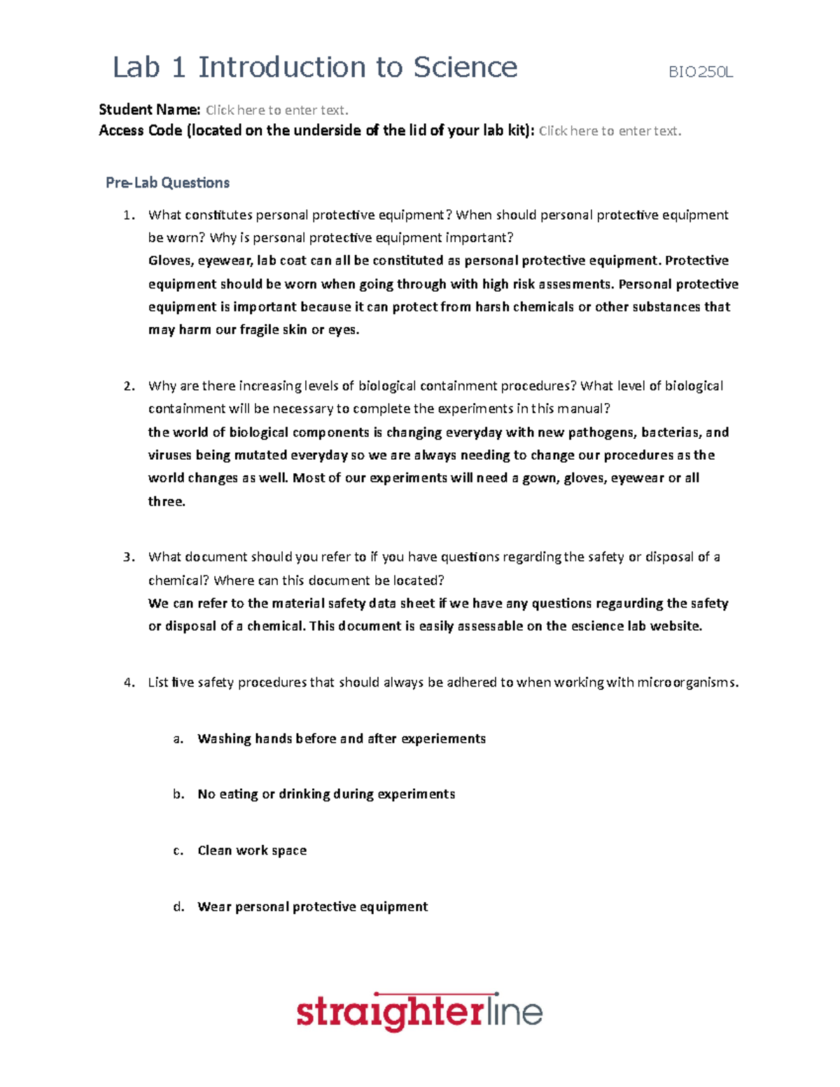 Lab 1 Introduction to Science - Student Name: Click here to enter text. Access Code (located on ...