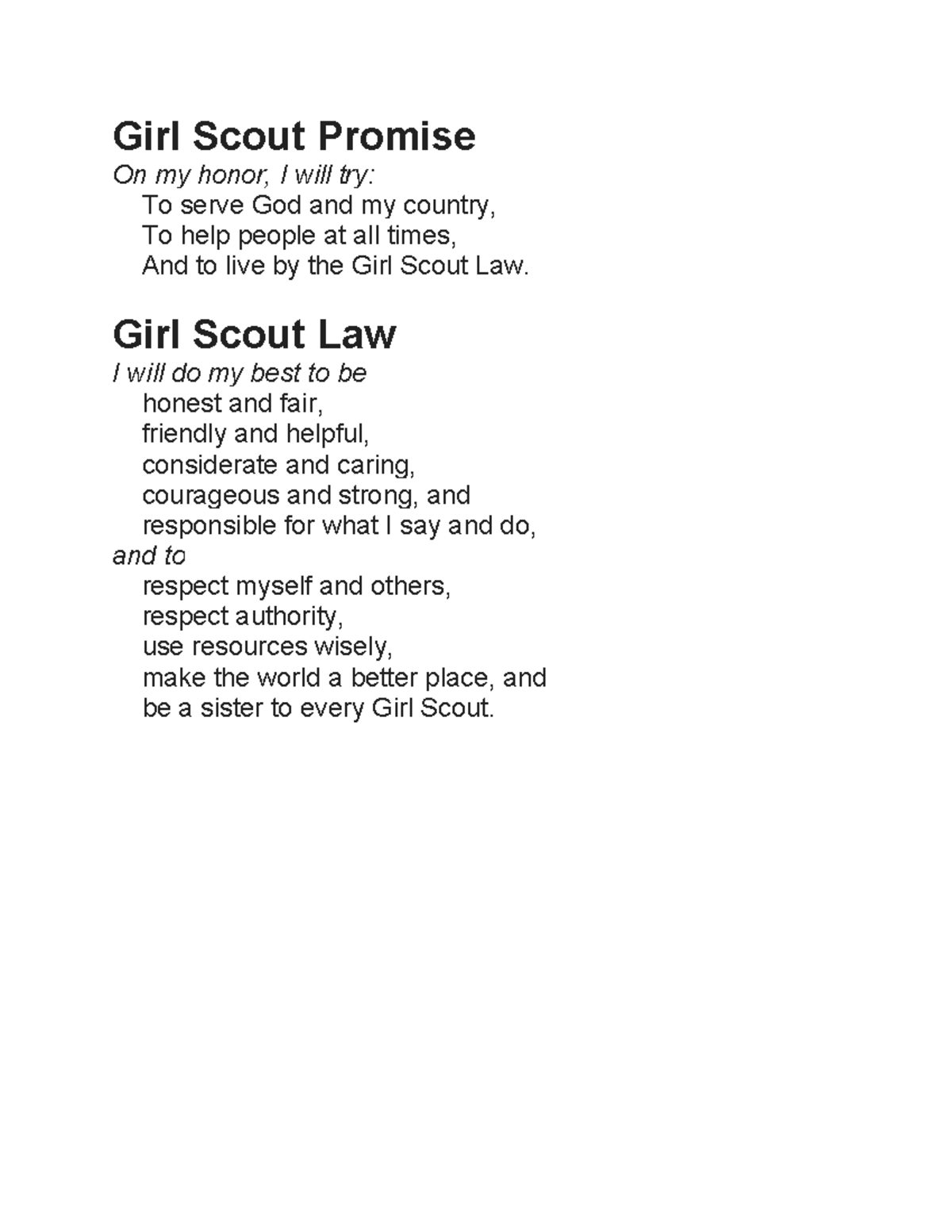 GS promise and law-word - Girl Scout Promise On my honor, I will try ...