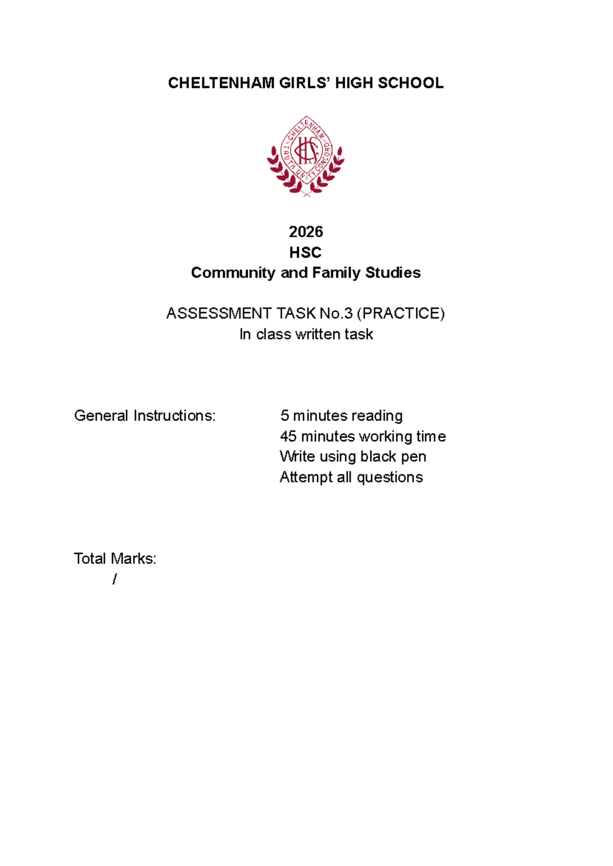 CHELTENHAM HIGH SCHOOL 2026 HSC Community and Family Studies Practice ...