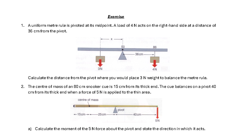 Moments Exercise: Balancing Forces and Calculations - Studocu