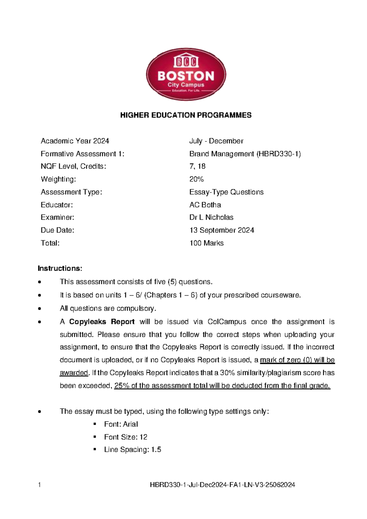 HBRD330-1 Formative Assessment 1: Brand Management Essay Guide - Studocu