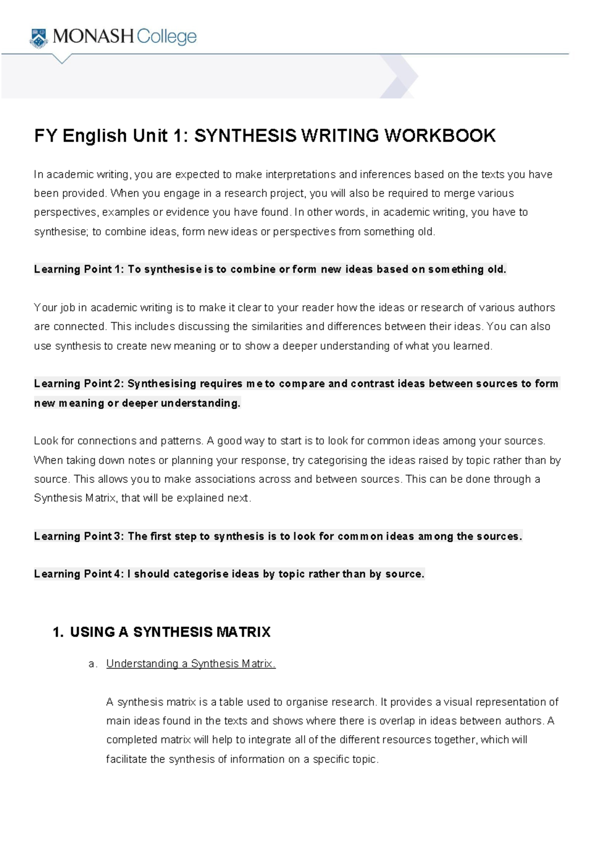 FY English Unit 1: Synthesis Writing Techniques Workbook - Studocu