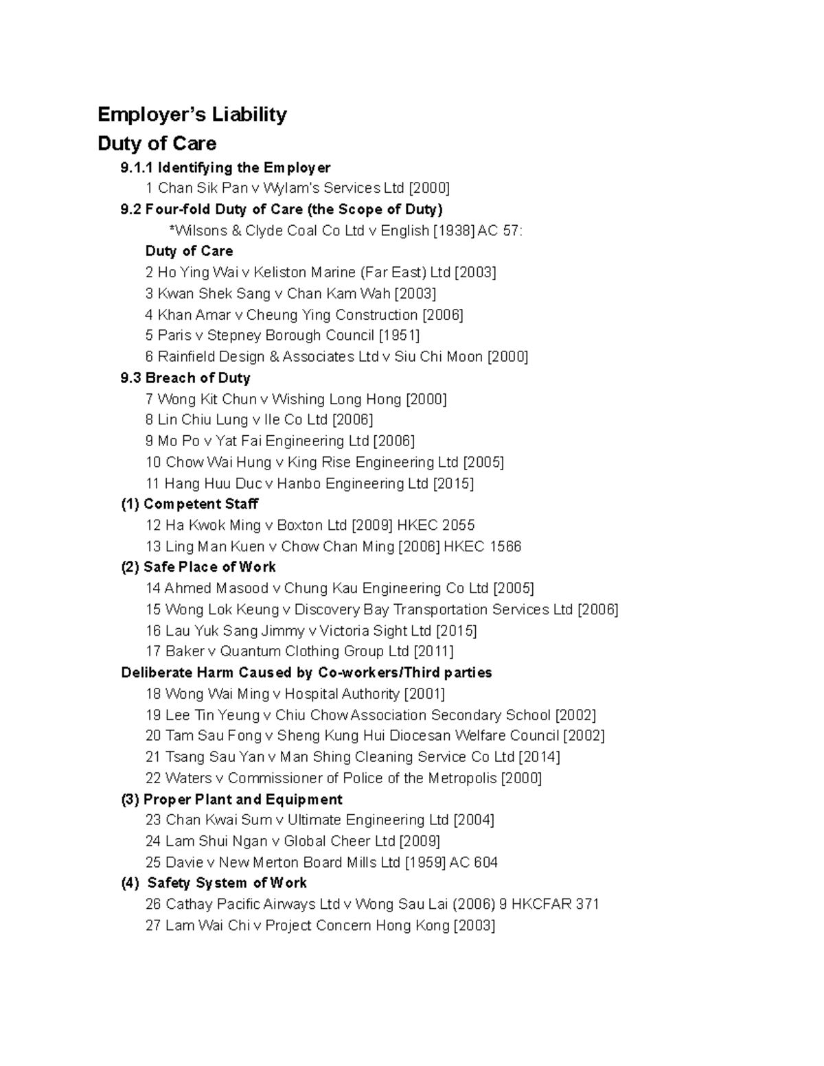 Employers’ Liability Case List: Duty of Care & Breach Analysis - Studocu