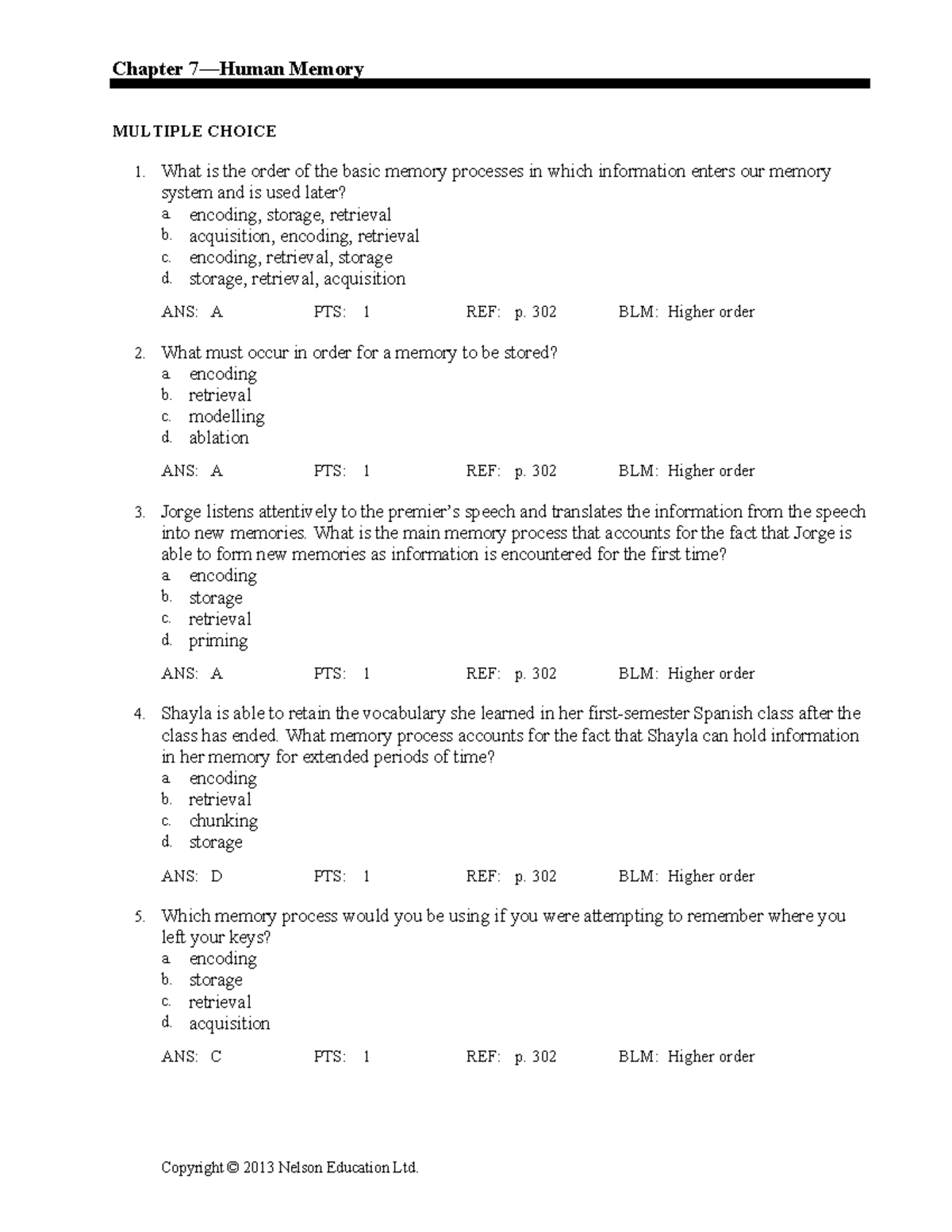 Chapter 7 - Human Memory: Testbank MCQs & Answers - Studocu