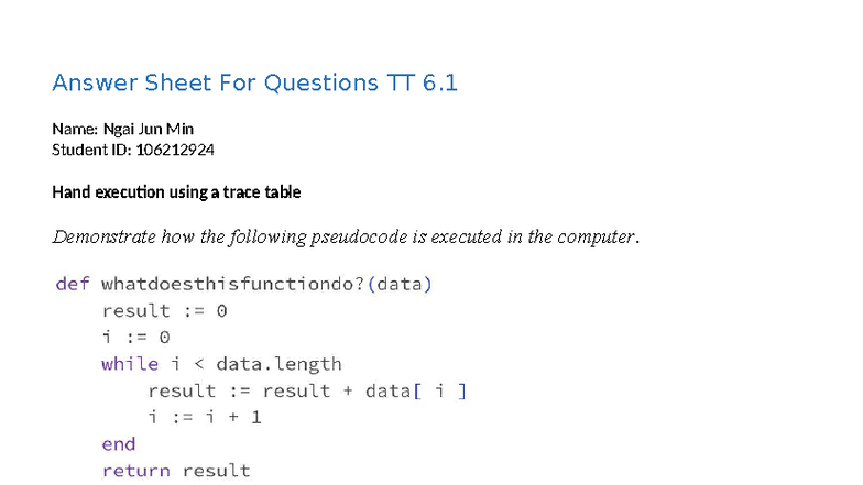 6.1T M - homework - Answer Sheet For Questions TT 6. Name: Ngai Jun Min ...