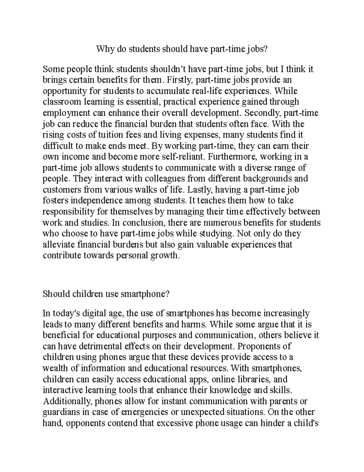 Topic - Writing note - Why do students should have part-time jobs? Some ...