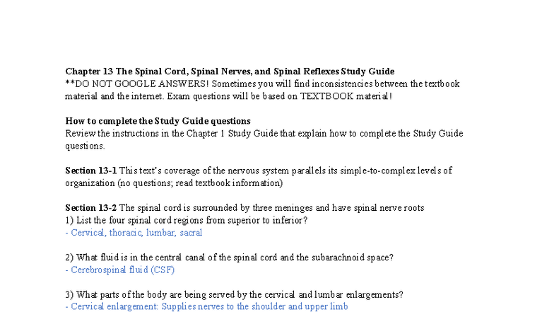 Anatomy I Chapter 13 Study Guide: Spinal Cord & Reflexes Insights - Studocu
