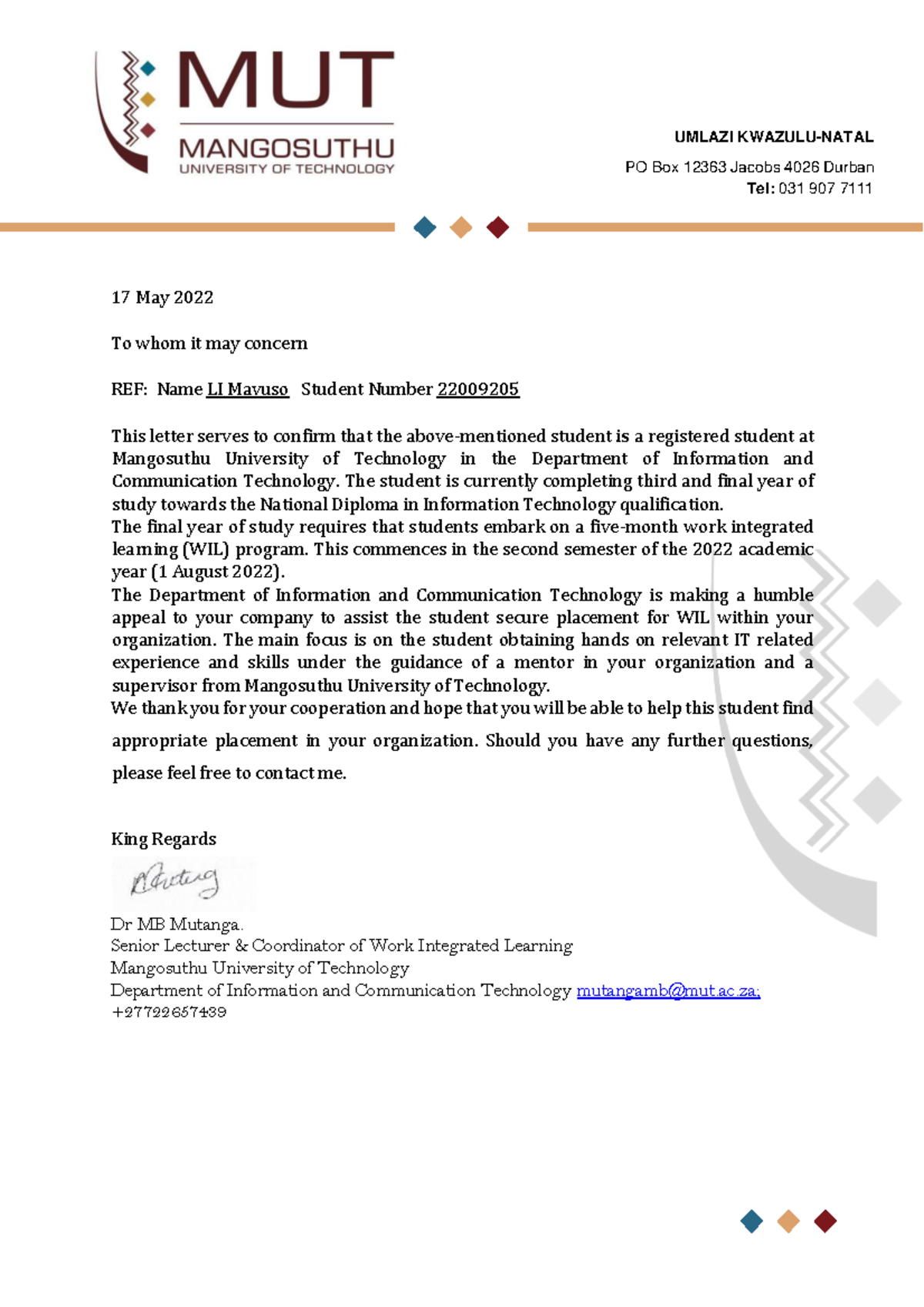 Work Integrated Learning Request Letter (2022) - Studocu