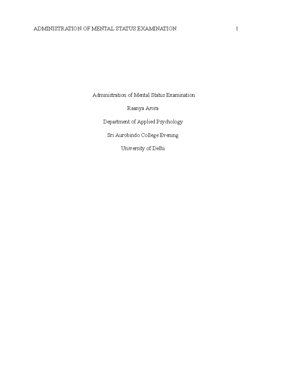 ADMINISTRATION OF MENTAL STATUS EXAMINATION - Abn Psych Prac2 - Studocu