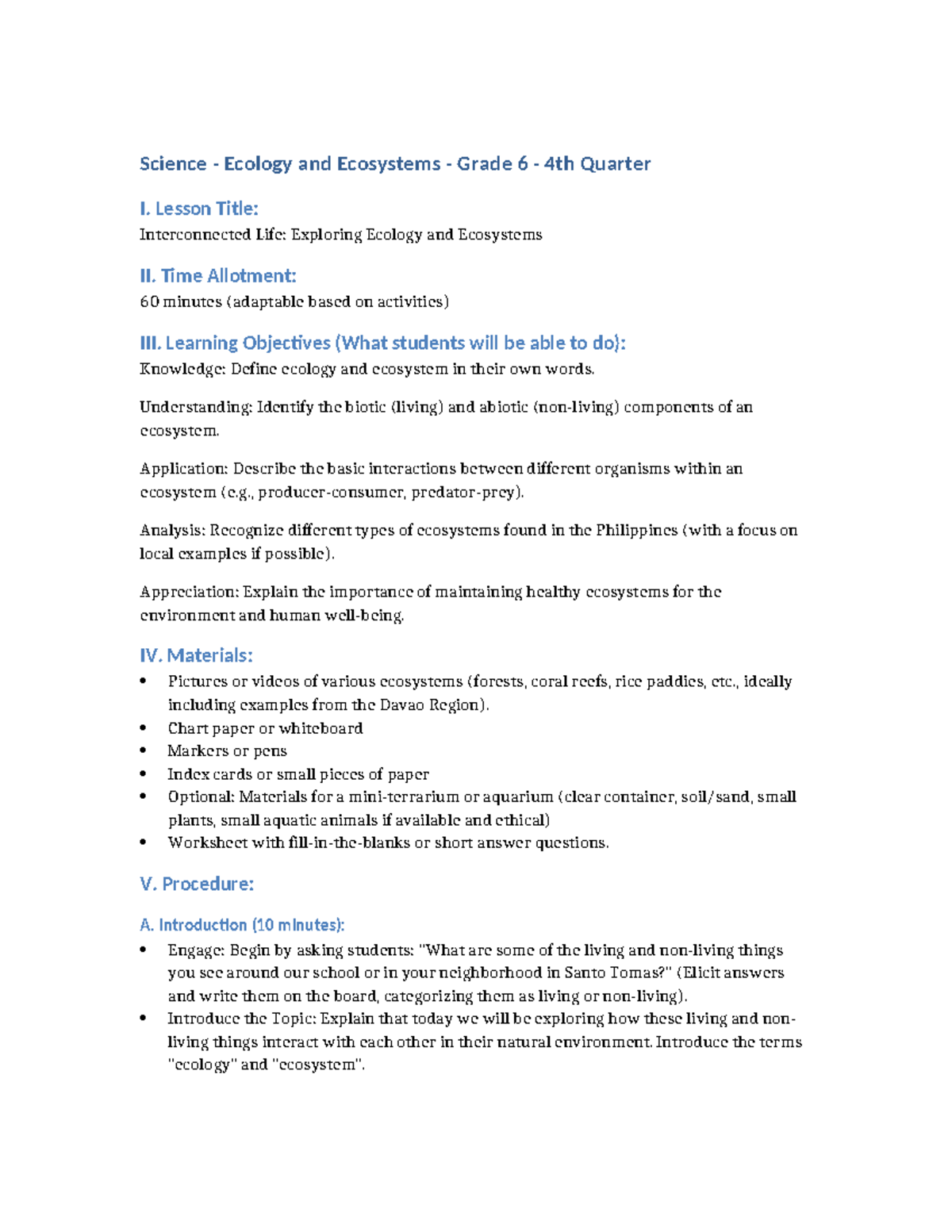 Ecology and Ecosystems Lesson for Grade 6 - 4th Quarter Overview - Studocu