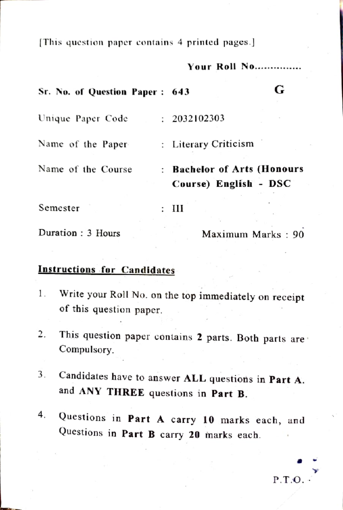 3rd Semester Exam Question Papers: Literary Criticism, Victorian ...