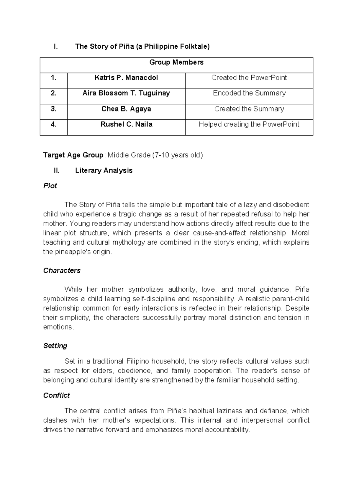 The Story of Piña (Philippine Folktale) - Literary Analysis Notes - Studocu