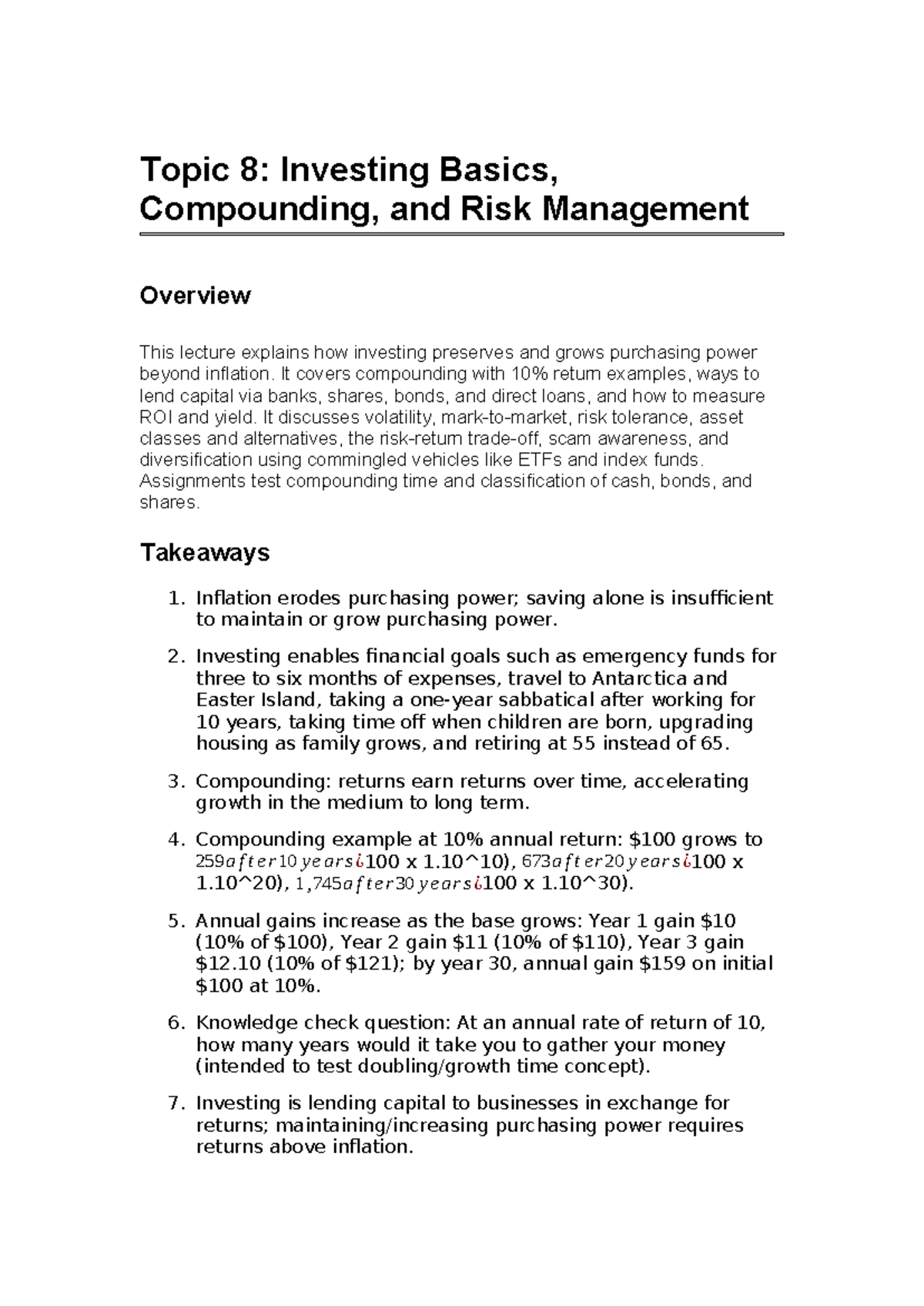 Topic 8: Investing Basics, Compounding, and Risk Management Summary ...
