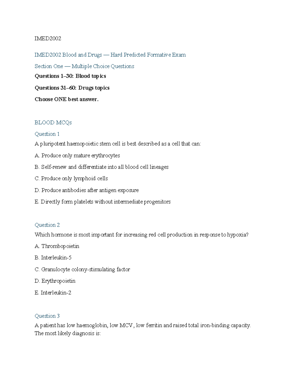 IMED2002 Blood and Drugs Formative Exam MCQs and SAQs - Studocu