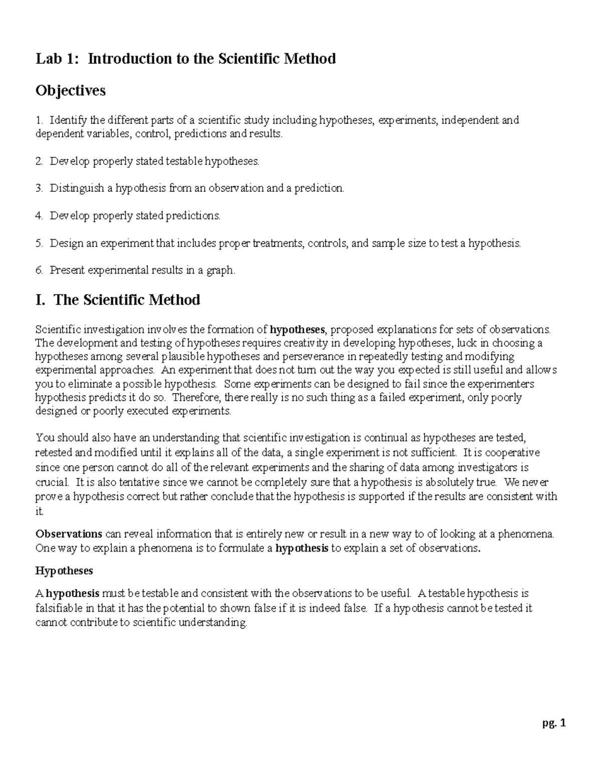 Bio 101V01 Lab 1: Exploring the Scientific Method and Experiment Design ...
