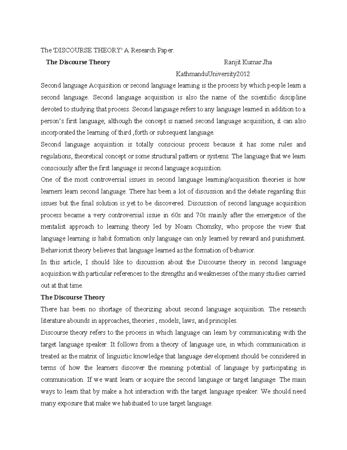 Discourse Theory in Second Language Acquisition: A Research Paper - Studocu