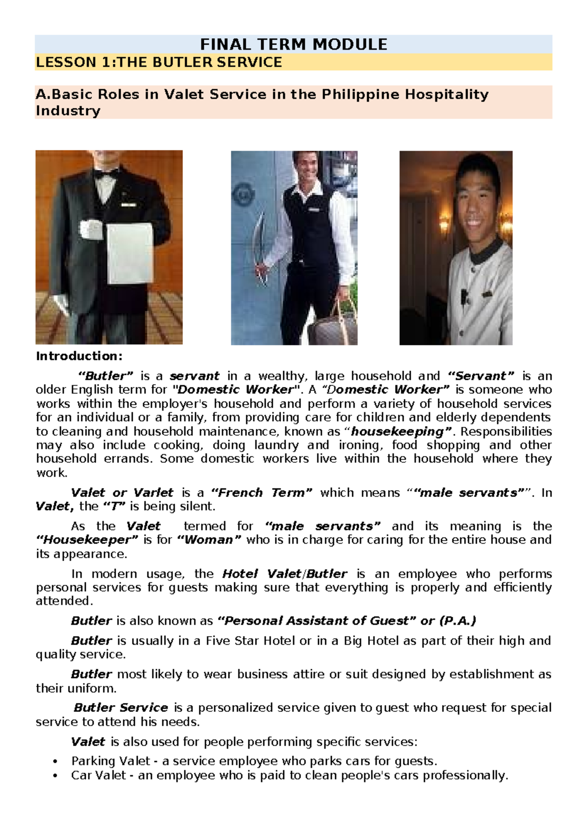 Final Lesson 1: Understanding Butler Service in Hospitality 222 - Studocu
