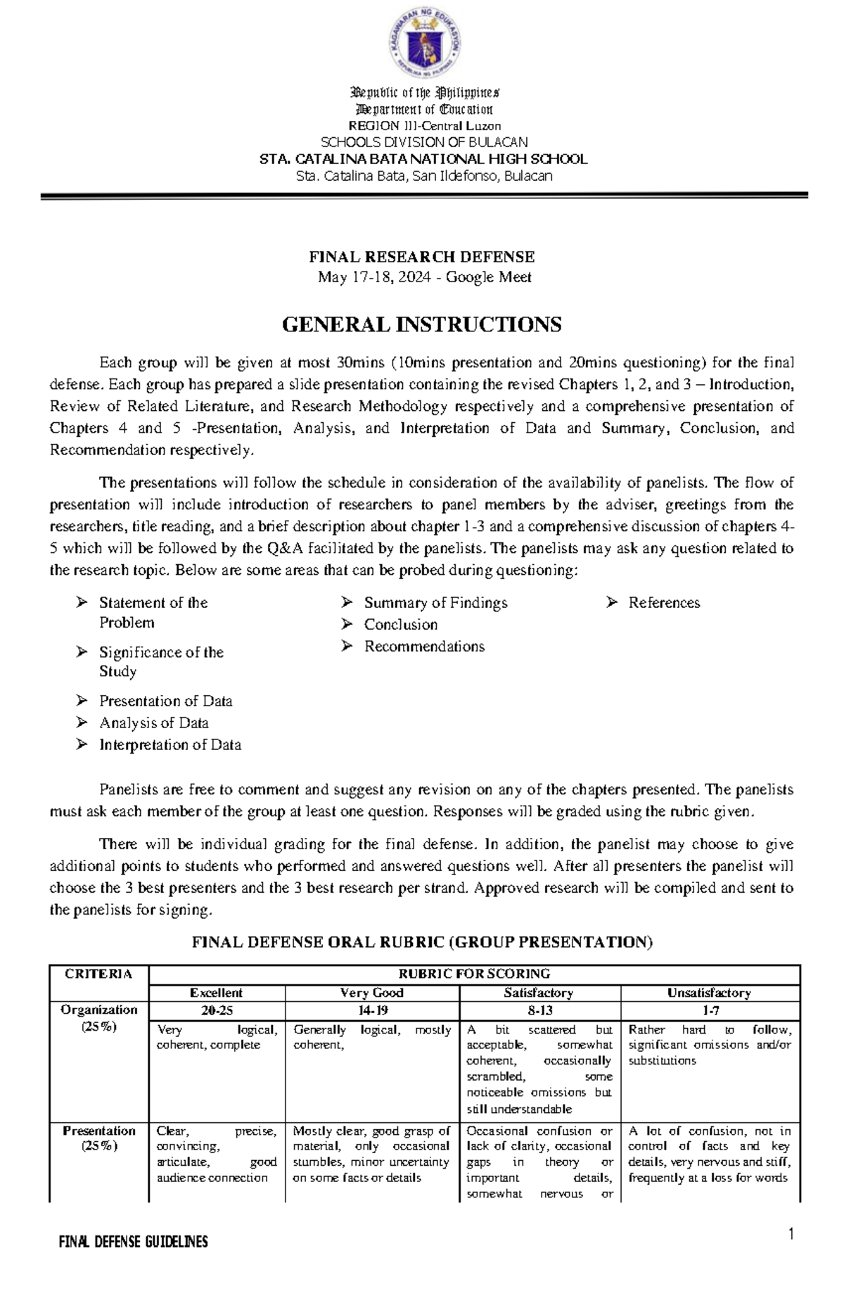 Final Research Defense Guidelines - SCBNHS May 2024 - Studocu