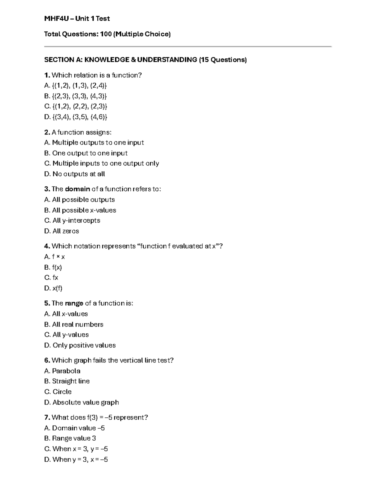 MHF4U Unit 1 Practice MCQ Test: 100 Questions on Functions - Studocu