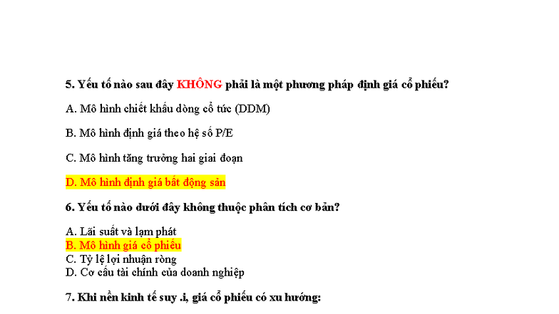 Ttck đề 1 - ônn - Yếu tố nào sau đây KHÔNG phải là một phương pháp định giá cổ phiếu? - Studocu