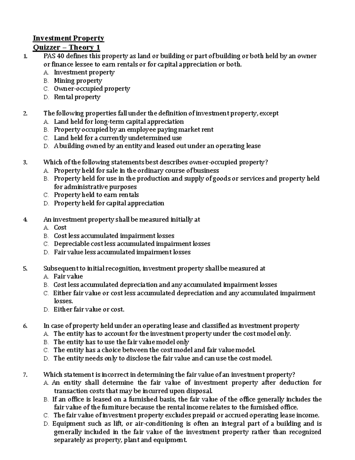 Investment Property Quiz - Theory and Practice (Course Code: IP101 ...