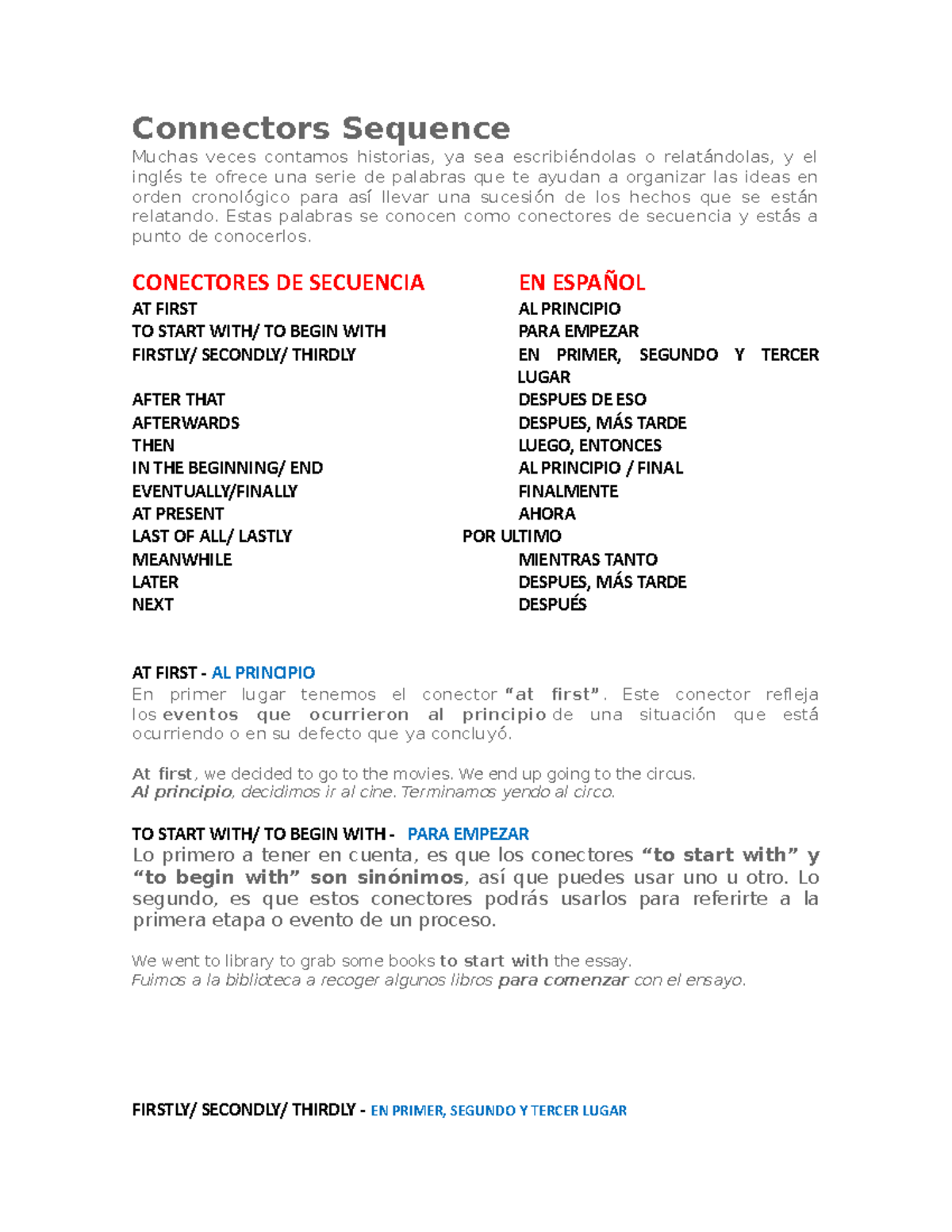 Conectores de Secuencia en Inglés: Uso y Ejemplos Prácticos - Studocu