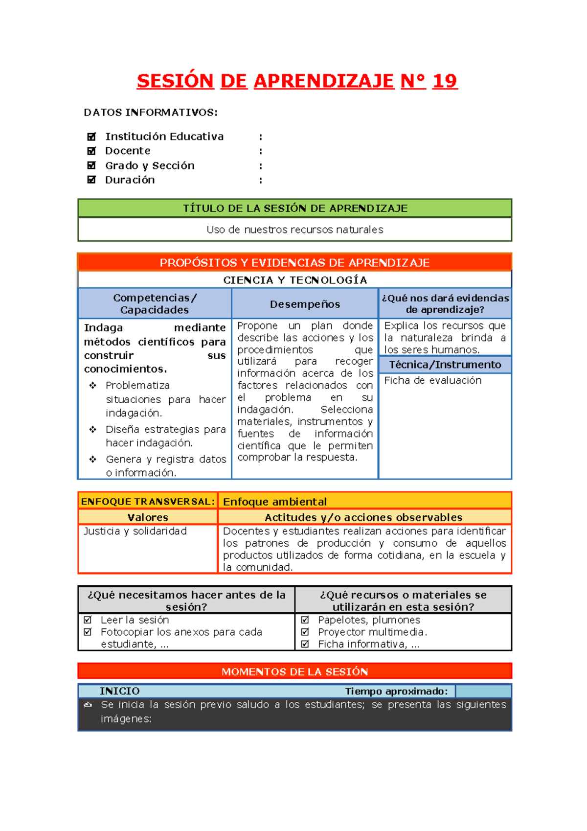 Sesión DE Aprendizaje N° Recursos Naturales - SESIÓN DE APRENDIZAJE N° 19 DATOS INFORMATIVOS ...