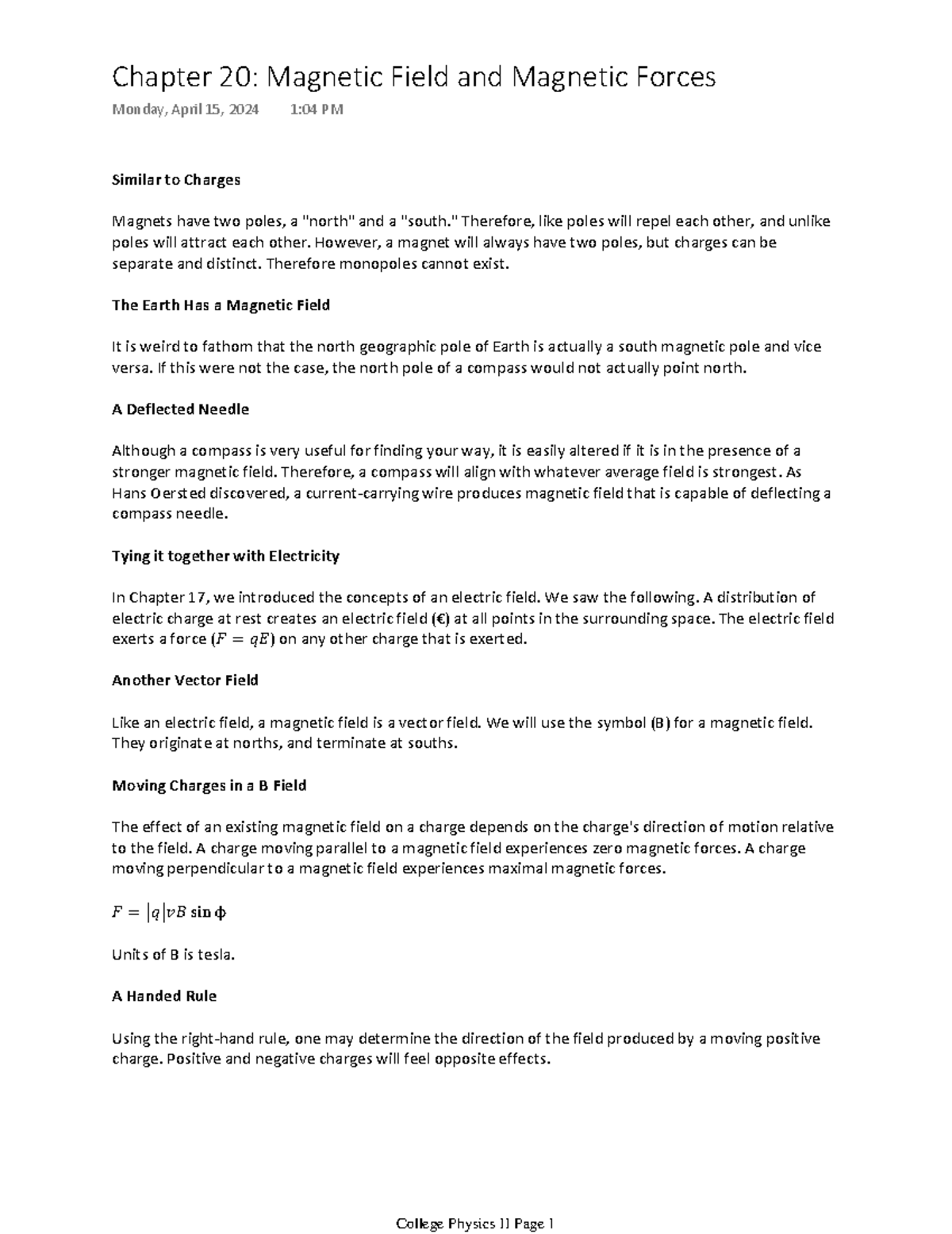 Chapter 20 Magnetic Field and Magnetic Forces - Similar to Charges ...