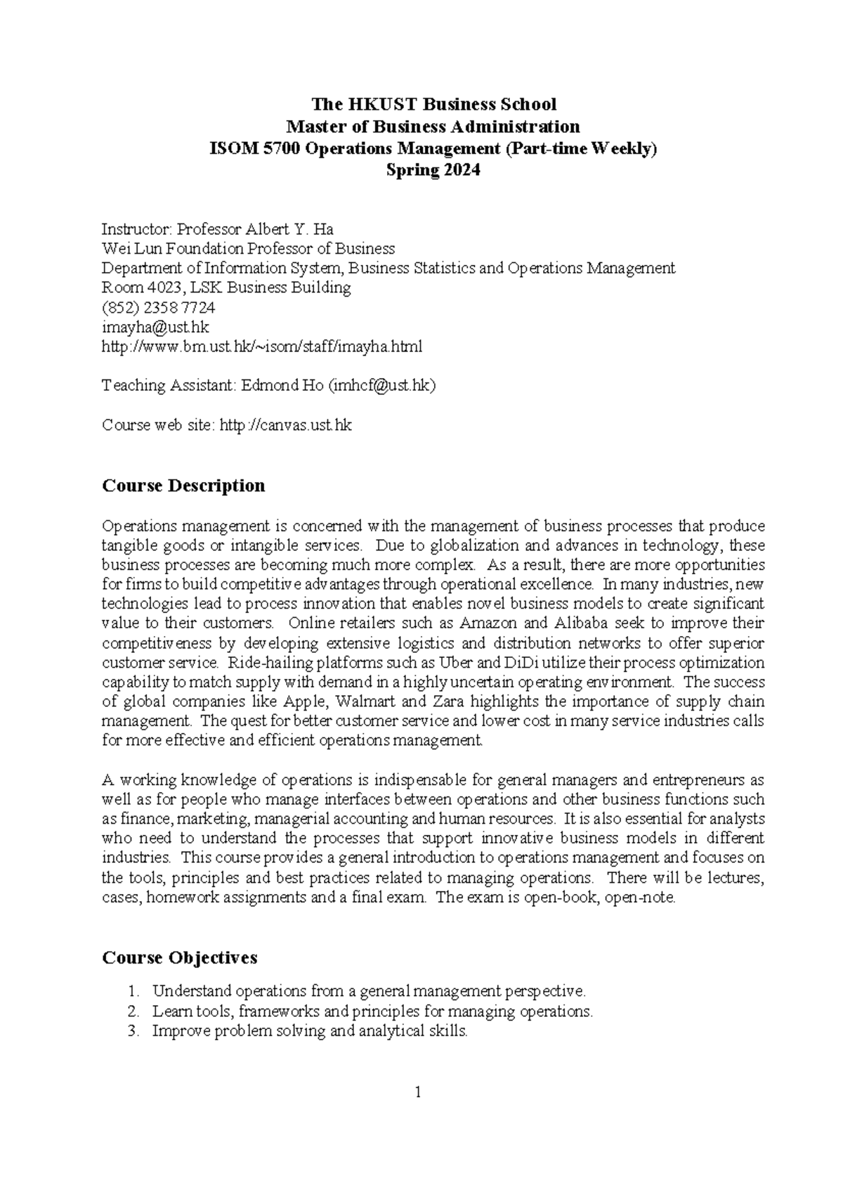 ISOM5700 Syllabus: Operations Management Course Overview for Spring ...