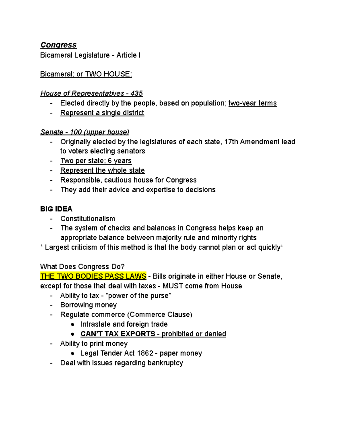 AP Gov Unit 4: Functions and Structure of Congress Notes - Congress ...