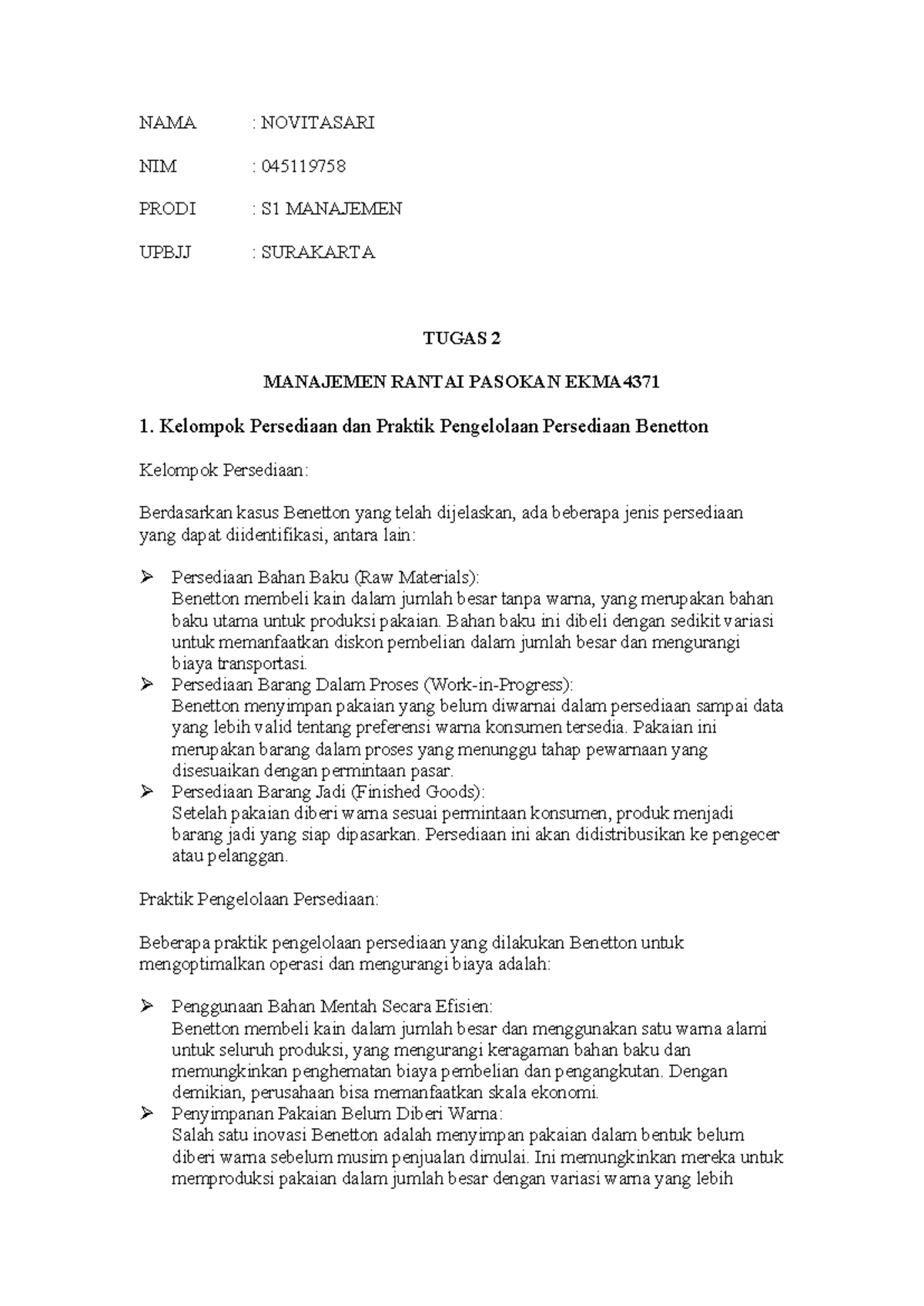 Tugas 2 Manajemen Rantai Pasokan EKMA4371 - Novitasari 045119758 - Studocu